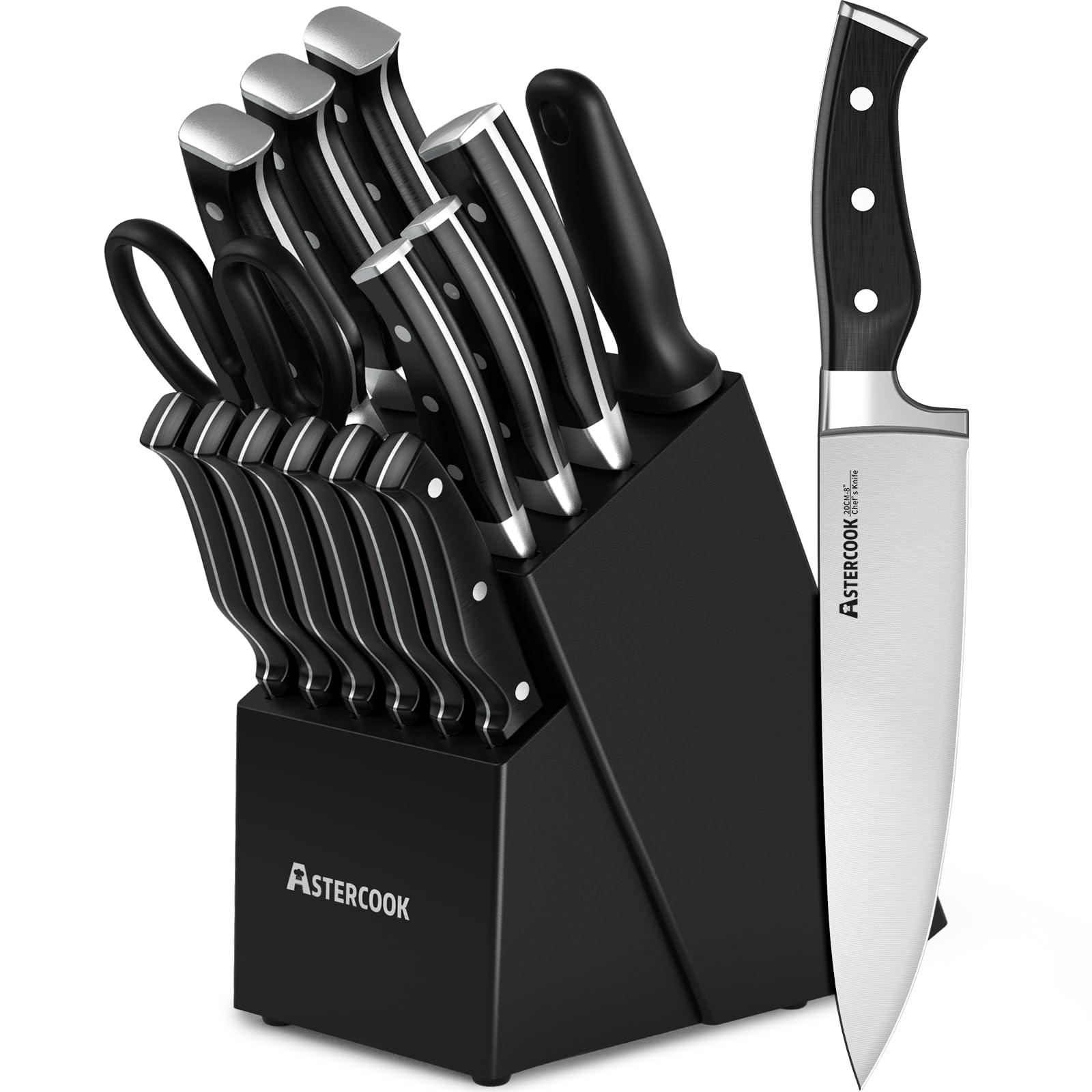 Knife Set, Astercook 15 Pcs Triple Rivet Kitchen Knife Set High Carbon Stainless Steel Knife Sets for Kitchen with Block, Dishwasher Safe, Black