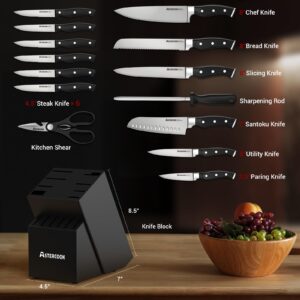 Knife Set, Astercook 15 Pcs Triple Rivet Kitchen Knife Set High Carbon Stainless Steel Knife Sets for Kitchen with Block, Dishwasher Safe, Black