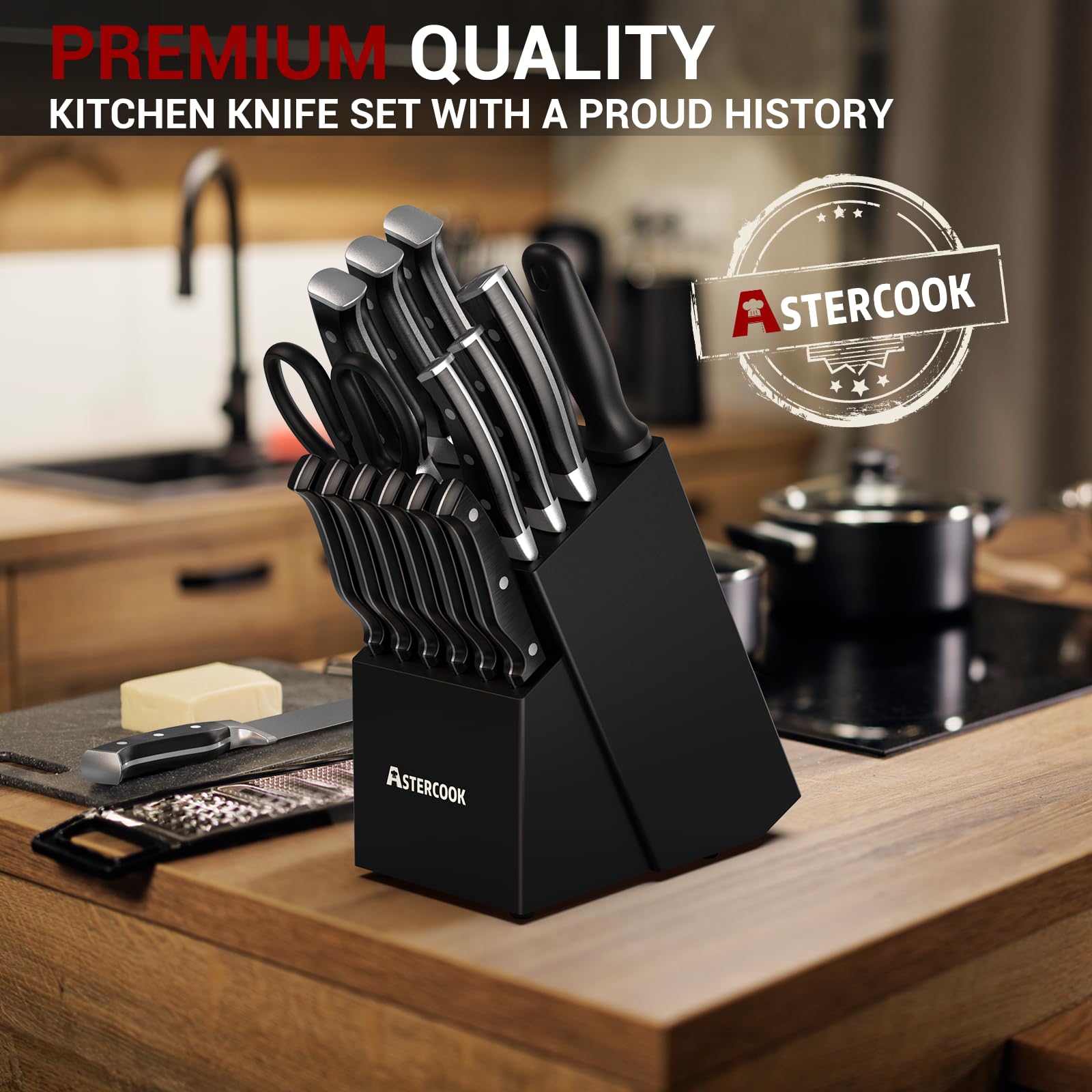 Knife Set, Astercook 15 Pcs Triple Rivet Kitchen Knife Set High Carbon Stainless Steel Knife Sets for Kitchen with Block, Dishwasher Safe, Black