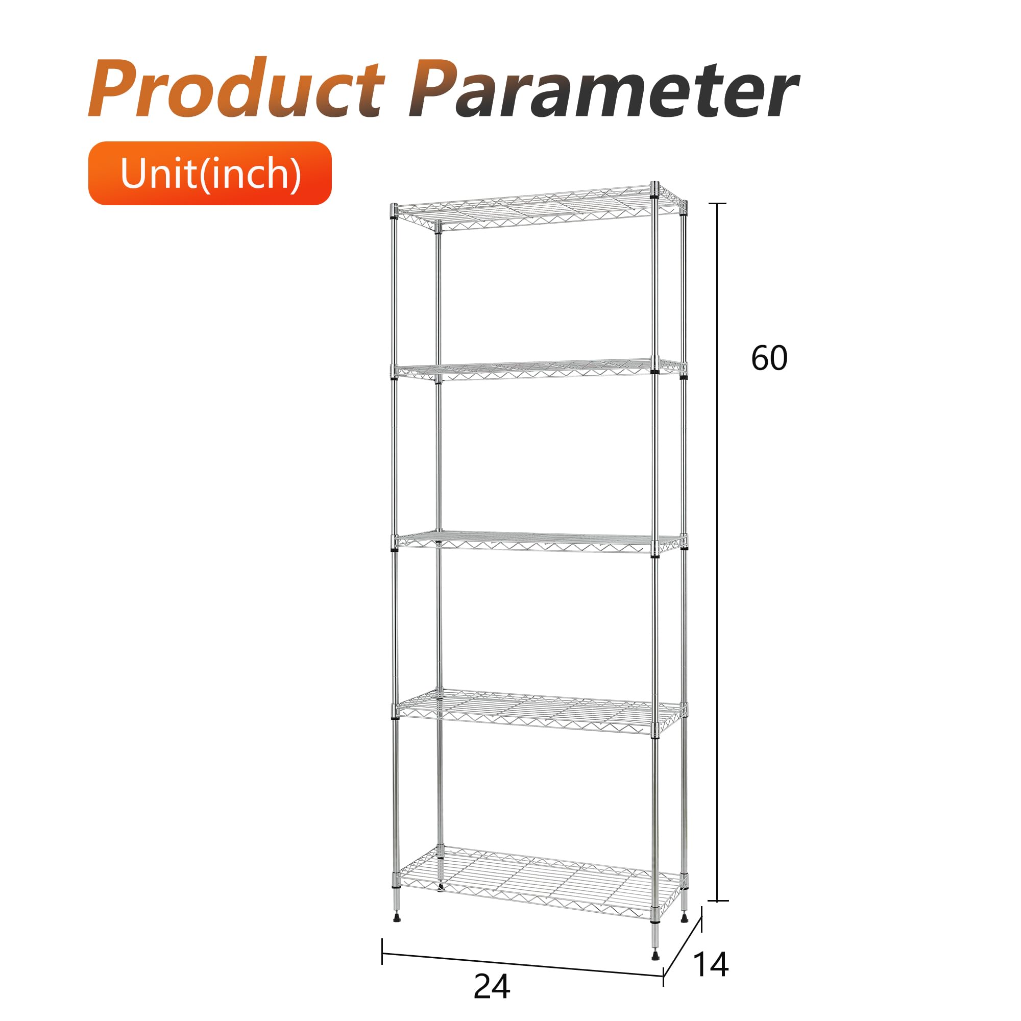 FDW Shelves,Wire Shelving Utility Storage Shelves Shelving Unit NSF Certified Height Adjustable Metal 5 Tier Shelves Easy Assembly 24" L x 14" W x 60" H,Chrome