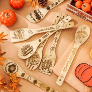 Whaline 7Pcs Fall Wooden Spoons Set Pumpkin Maple Turkey Gnome Wooden Spoons Thanksgiving Natural Burned Cooking Utensil Spoon Engraved Laser Scoops for Party Decoration Home Kitchen Supplies