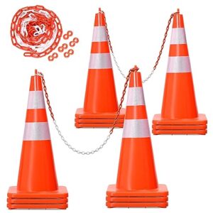 yitahome traffic cones 28 inch (12 pack), with 36ft chain and reflective collars, pvc orange construction cones, safety cones for parking lot, home road