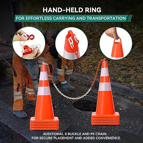 YITAHOME Traffic Cones 28 Inch (12 Pack), with 36FT Chain and Reflective Collars, PVC Orange Construction Cones, Safety Cones for Parking Lot, Home Road