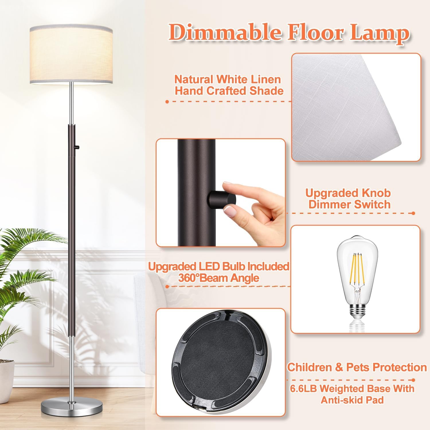 【Upgraded】 Dimmable Floor Lamp for Living Room, 1100 Lumens LED Edison Bulb Included, Simple Standing Lamp with Linen Lamp Shade, Modern Tall Lamp for Living Room Bedroom Office Dining Room Dorm