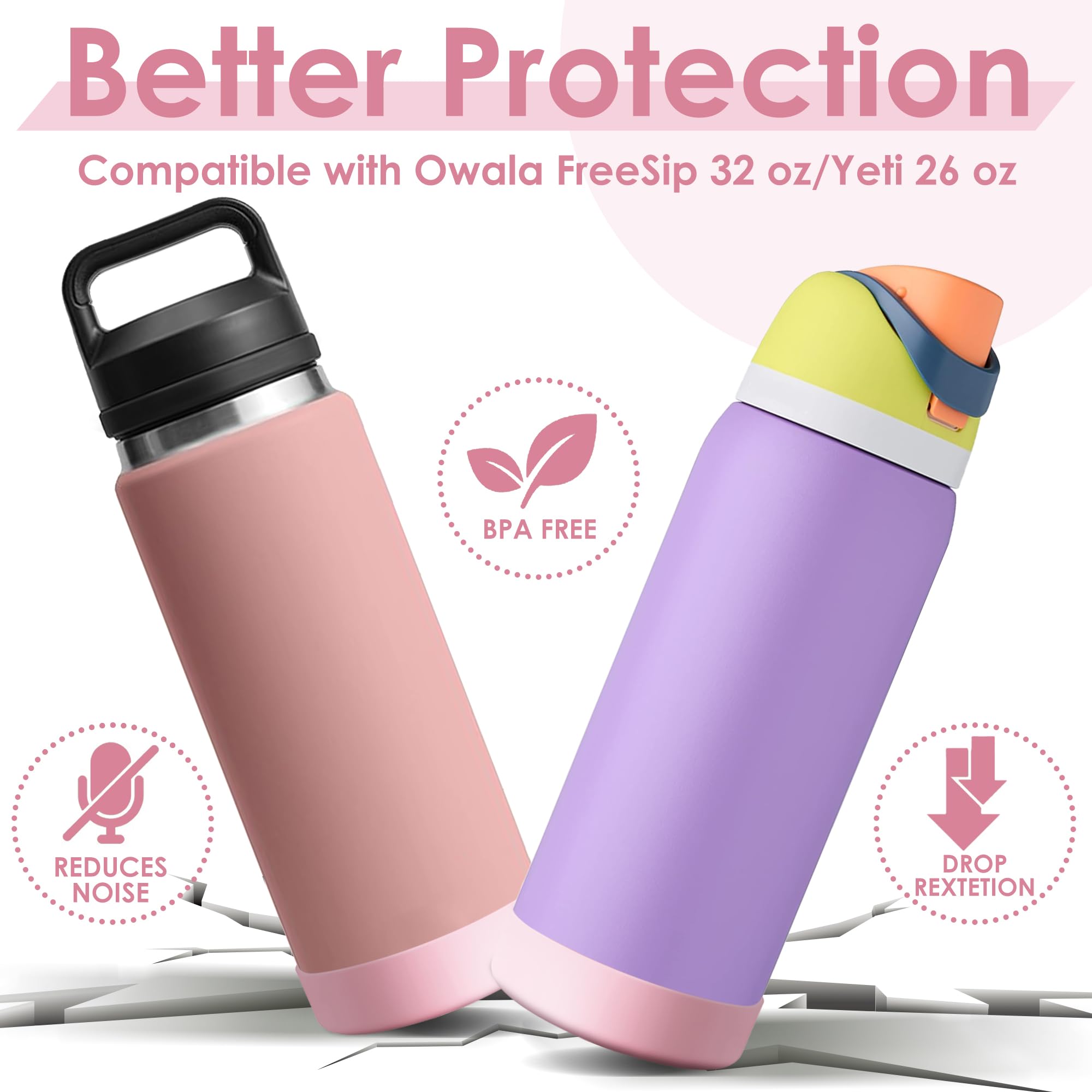 UBEEKOO Water Bottle Boot, Compatible with Owala, Yeti, for Stanley Water Bottle Accessories, Sleeve Cover for Owala FreeSip 32oz, Yeti 26oz,Anti-Slip Silicone for Stanley 36oz Accessory,LightPink