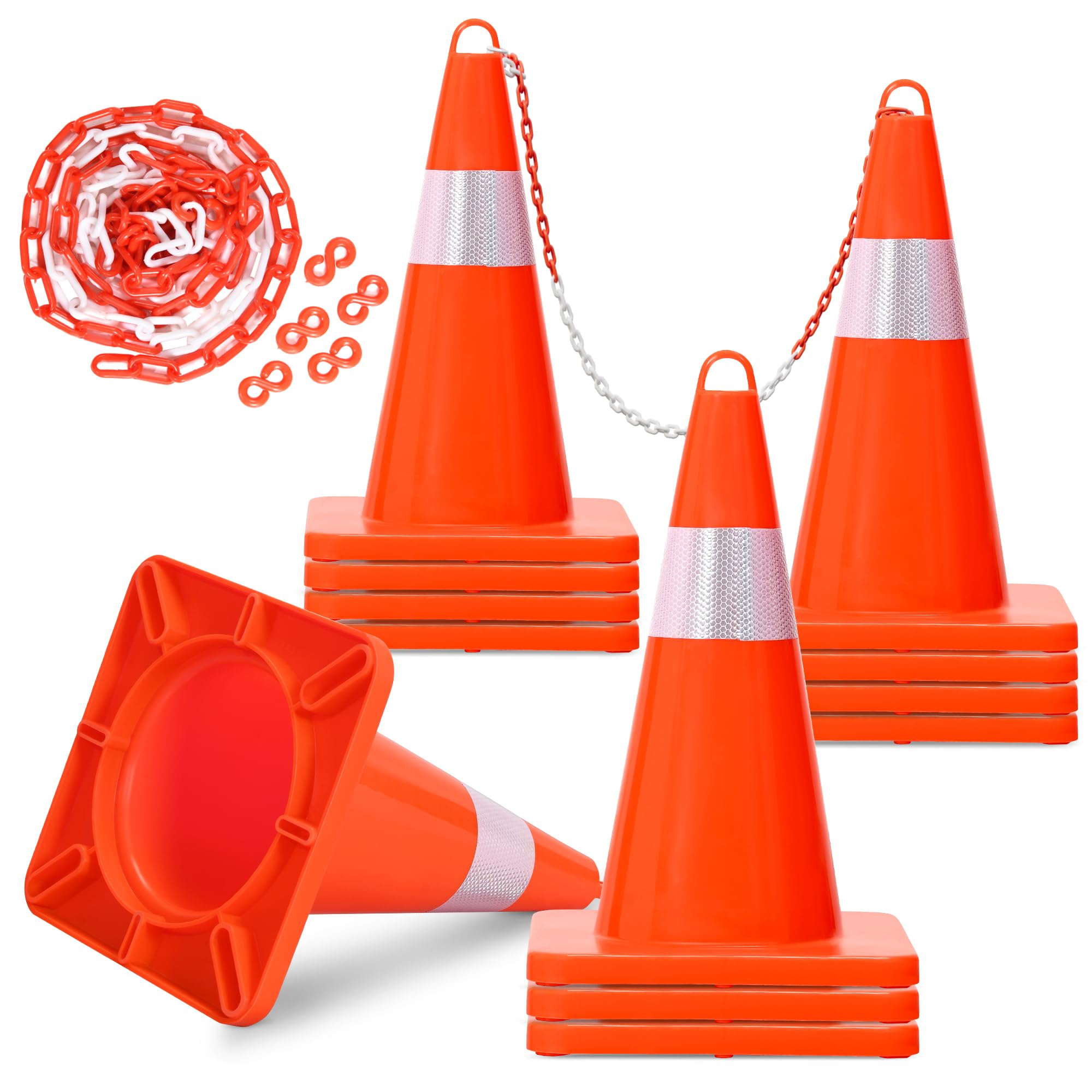 YITAHOME Traffic Cones 18 Inch (12 Pack), with 19.7FT Chain and Reflective Collars, PVC Orange Construction Cones, Safety Cones for Parking Lot, Sports