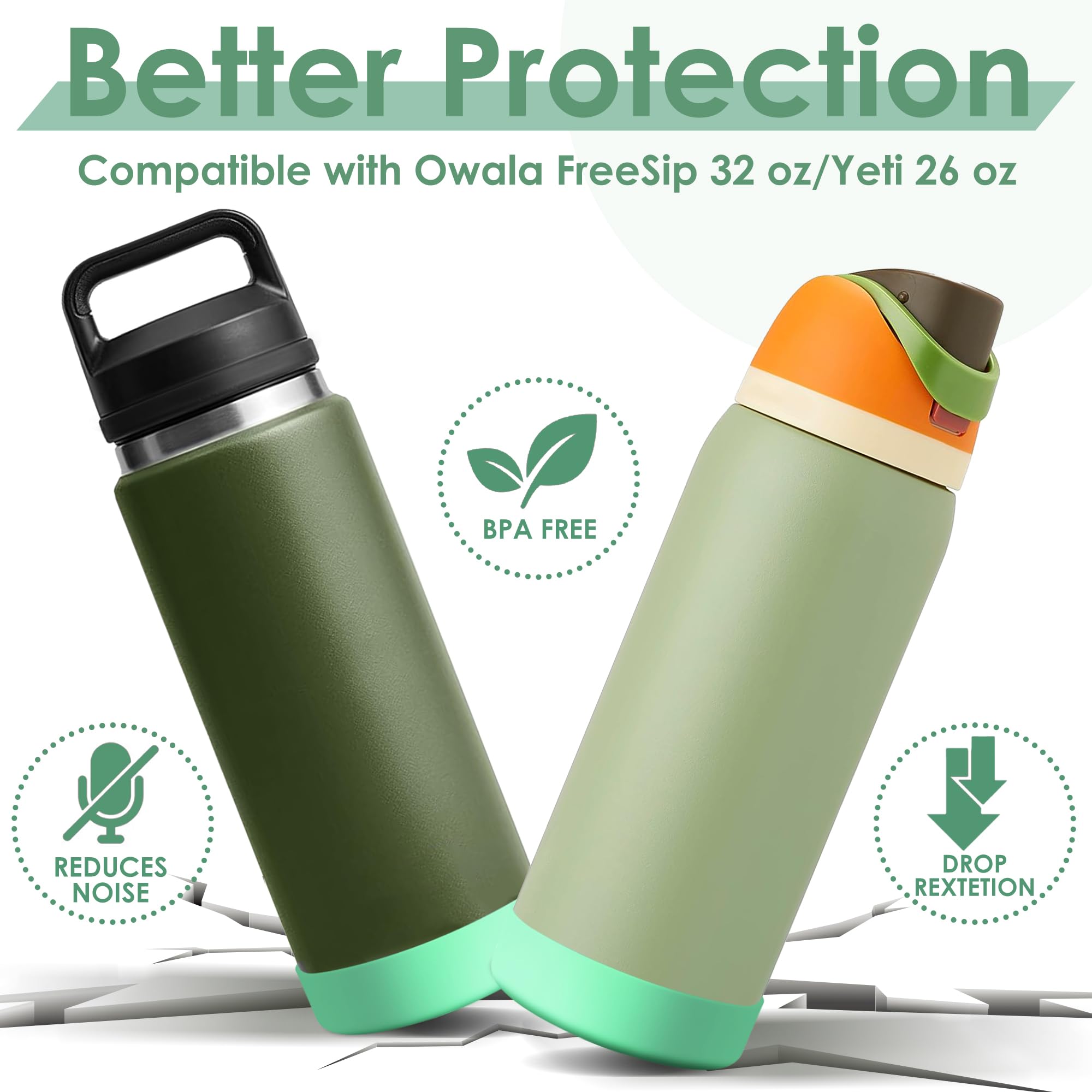 UBEEKOO Water Bottle Boot, Compatible with Owala, Yeti, for Stanley Water Bottle Accessories, Sleeve Cover for Owala FreeSip 32oz, Yeti 26oz,Anti-Slip Silicone for Stanley 36oz Accessory,LightGreen