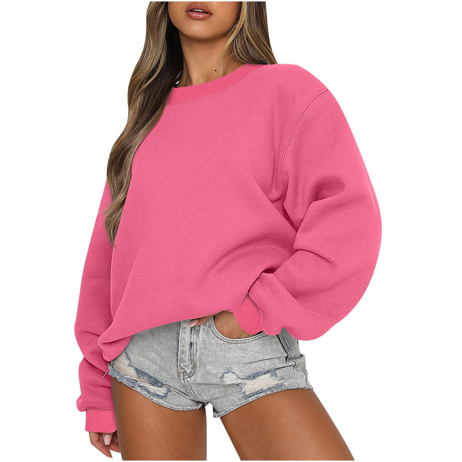 Ceboyel Oversized Sweatshirt For Women Solid Color Crewneck Pullover Tops Long Sleeve Sweaters Fall Fashion Trendy Clothes Women Sweaters Hot Pink L