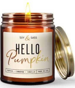 pumpkin candle, fall candles - 'hello pumpkin' soy pumpkin spice candle i infused with essential oils i fall candle decor, fall scented candle i 9oz reusable jar i 50 hour burn i made in usa