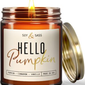 Pumpkin Candle, Fall Candles - 'Hello Pumpkin' Soy Pumpkin Spice Candle I Infused with Essential Oils I Fall Candle Decor, Fall Scented Candle I 9oz Reusable Jar I 50 Hour Burn I Made in USA