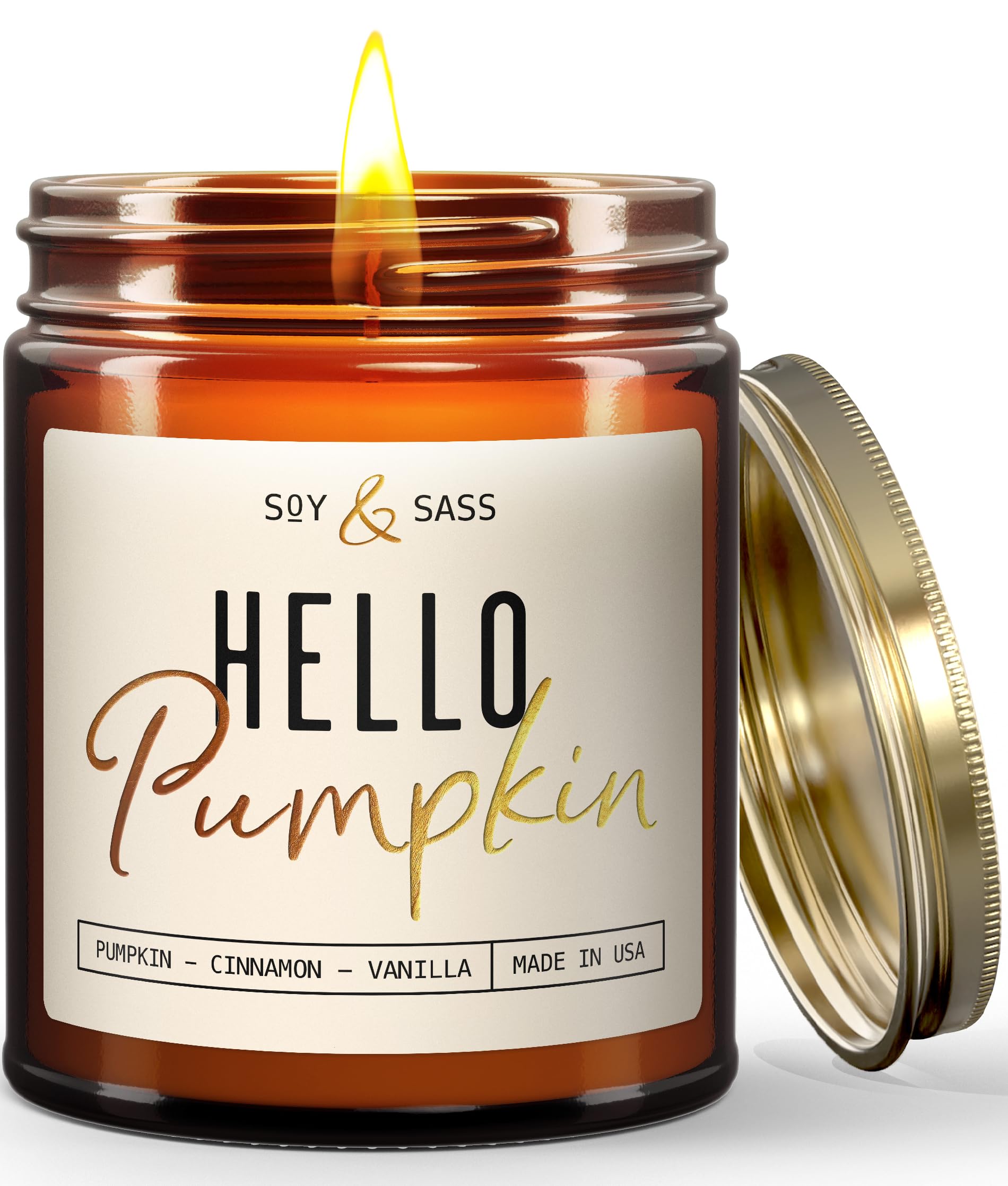 Pumpkin Candle, Fall Candles - 'Hello Pumpkin' Soy Pumpkin Spice Candle I Infused with Essential Oils I Fall Candle Decor, Fall Scented Candle I 9oz Reusable Jar I 50 Hour Burn I Made in USA