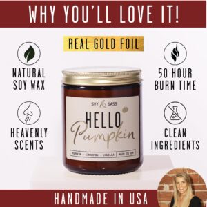 Pumpkin Candle, Fall Candles - 'Hello Pumpkin' Soy Pumpkin Spice Candle I Infused with Essential Oils I Fall Candle Decor, Fall Scented Candle I 9oz Reusable Jar I 50 Hour Burn I Made in USA