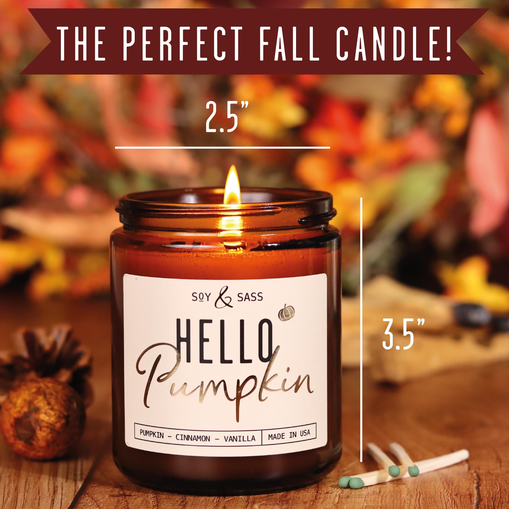 Pumpkin Candle, Fall Candles - 'Hello Pumpkin' Soy Pumpkin Spice Candle I Infused with Essential Oils I Fall Candle Decor, Fall Scented Candle I 9oz Reusable Jar I 50 Hour Burn I Made in USA