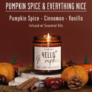 Pumpkin Candle, Fall Candles - 'Hello Pumpkin' Soy Pumpkin Spice Candle I Infused with Essential Oils I Fall Candle Decor, Fall Scented Candle I 9oz Reusable Jar I 50 Hour Burn I Made in USA