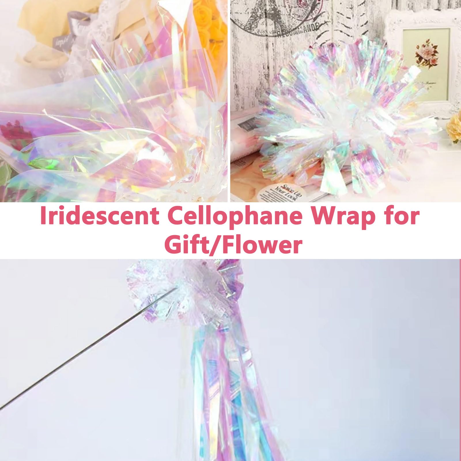 MIVIDE 34 in x 49 ft Iridescent Cellophane Wrap Roll, 2 Roll Iridescent Cellophane Wrapping Paper for Gift Baskets, DIY Crafts, Birthday, Christmas Gifts Wrapping, Flower Wrapping, Red Gold Iridescent