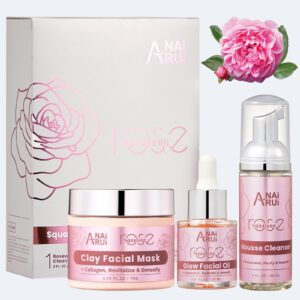 anairui skin care set, facial kit for women, rose & squalane face wash and moisturizer set with clay mask, face cleanser and facial oil, purify, hydrate, radiant, rose travel skincare set