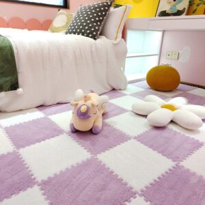 12 x 12 x 0.4 in plush foam floor mat square interlocking fluffy carpet tiles with border- diy anti-slip washable puzzle play mat,home soft climbing area rugs(size:8pcs,color:white+purple)