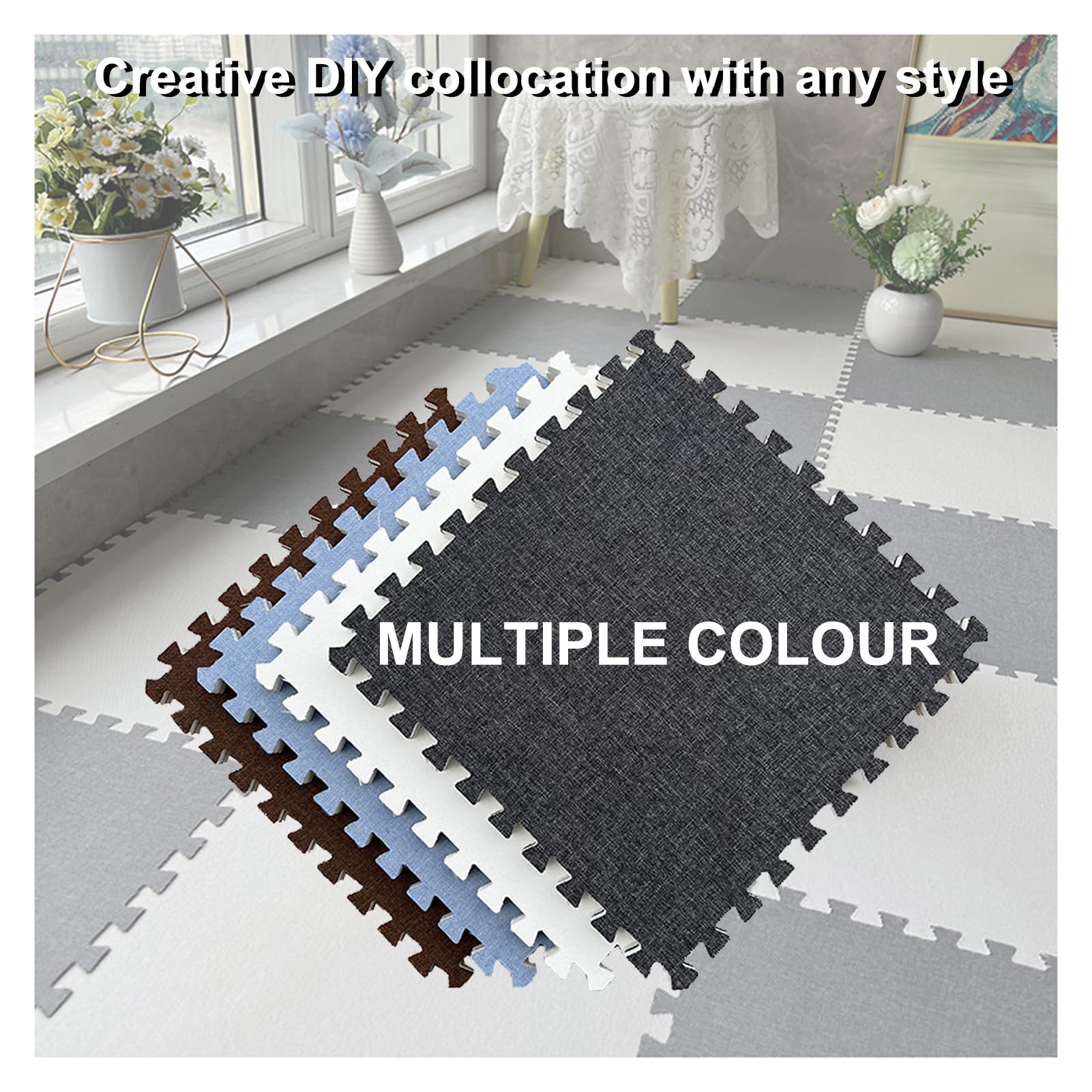 10 Pcs Carpet Interlocking Foam Mats, Cotton Linen Puzzle Play Mat - Perfect for Floor Protection, Garage, Exercise, Yoga, Playroom (12" X 12" - 10 Tiles)(Color:Navy Blue)