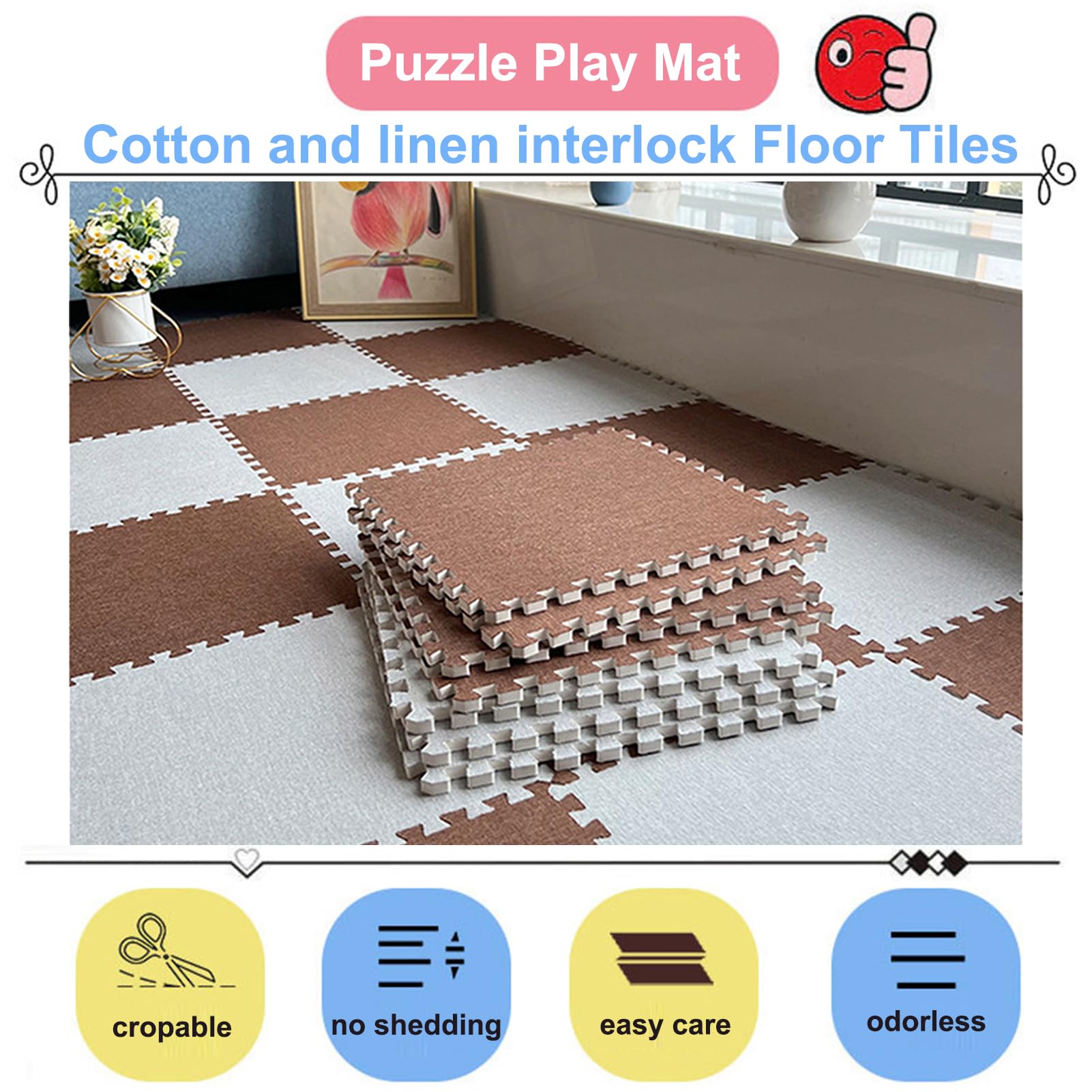 10 Pcs Carpet Interlocking Foam Mats, Cotton Linen Puzzle Play Mat - Perfect for Floor Protection, Garage, Exercise, Yoga, Playroom (12" X 12" - 10 Tiles)(Color:Navy Blue)