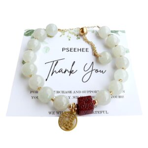 pseehee handmade genuine jade lucky fu charm bracelet, feng-shui stone chakra healing gemstone crystal beads adjustable bangle cuff jewelry gift for men women