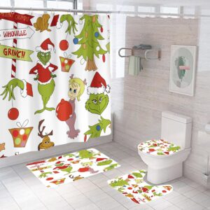 teunix 4 pcs christmas shower curtain set with non-slip rugs, toilet lid cover and bath mat, christmas decor for bathroom, christmas bathroom home decorations with hooks 71'' x 71'' (white)