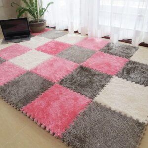 60 pcs square interlocking carpet tiles,plush puzzle foam floor mats,splicing area rug,keep warm,bedroom,playroom,parlor,1x1 ft(color:white+pink+gray)