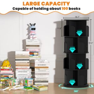 Besiost Rotating Bookshelf, Wood Corner Bookshelf, 360 Display Spinning Bookcase Storage Rack, 4 Tier Floor Standing Revolving Bookcase Narrow Book Shelf Organizer for Small Space, Bedroom, Black