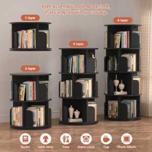 Besiost Rotating Bookshelf, Wood Corner Bookshelf, 360 Display Spinning Bookcase Storage Rack, 4 Tier Floor Standing Revolving Bookcase Narrow Book Shelf Organizer for Small Space, Bedroom, Black