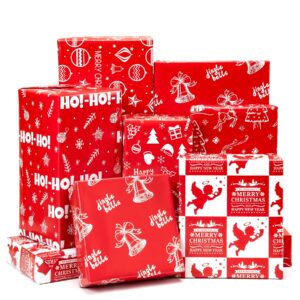 toptime christmas wrapping paper, red and white gift wrapping paper sheets of 6 with angel, xmas tree, bells, reindeer, flat cute christmas gift wrap for new year, holiday, art crafts, 27.6x19.7in