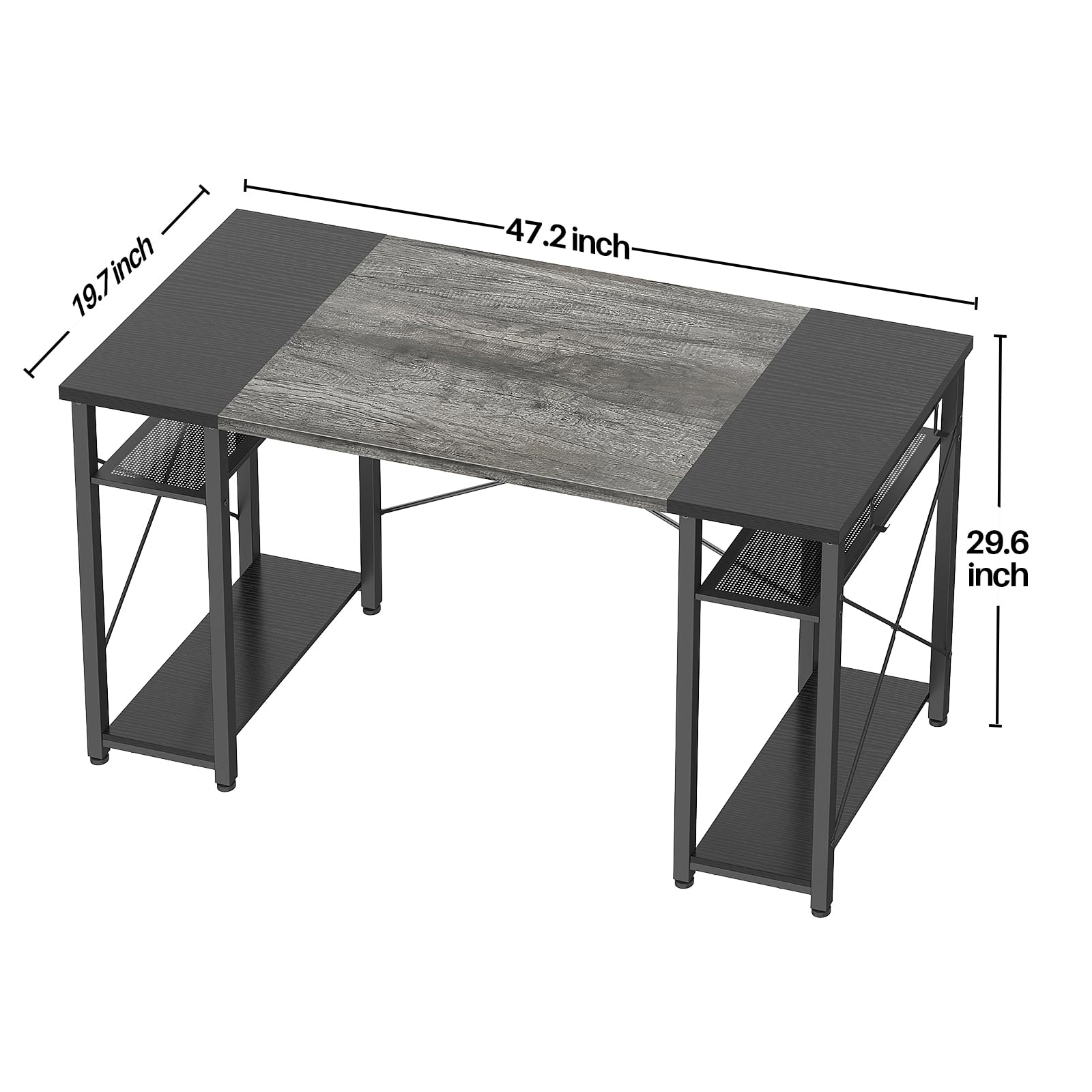 iSunirm 48 Inch Computer Desk, Large Office Desk with 4 Storage Shelves, 48'' Study Writing Table with CPU Stand, Sturdy PC Desk for Home Office, Bedroom, Gaming Room, Grey and Black