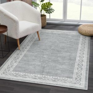 Lahome Modern Bordered Washable Bedroom Rug - 3x5 Rugs for Living Room Ultra-Thin Soft Gray Rug for Entryway Bedroom, Non-Slip Stain Resistant Small Carpet for Laundry Bedroom Office（3'x 5',Grey