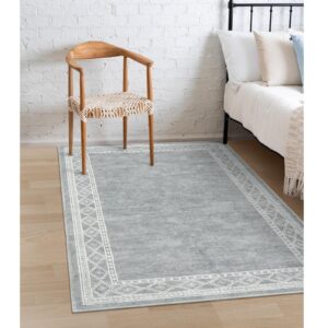 Lahome Modern Bordered Washable Bedroom Rug - 3x5 Rugs for Living Room Ultra-Thin Soft Gray Rug for Entryway Bedroom, Non-Slip Stain Resistant Small Carpet for Laundry Bedroom Office（3'x 5',Grey