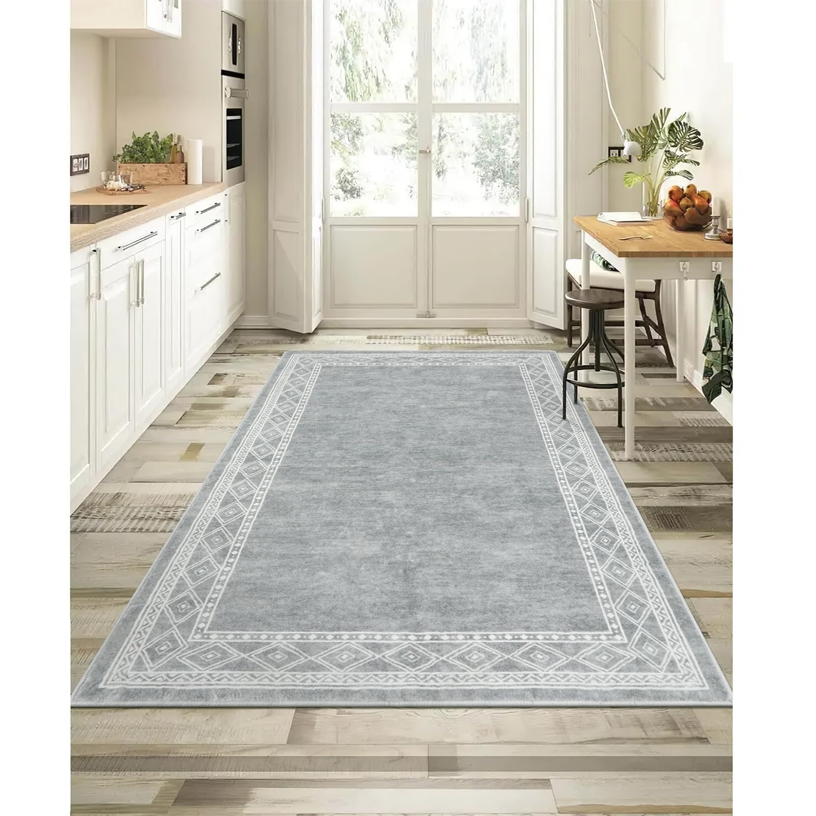 Lahome Modern Bordered Washable Bedroom Rug - 3x5 Rugs for Living Room Ultra-Thin Soft Gray Rug for Entryway Bedroom, Non-Slip Stain Resistant Small Carpet for Laundry Bedroom Office（3'x 5',Grey