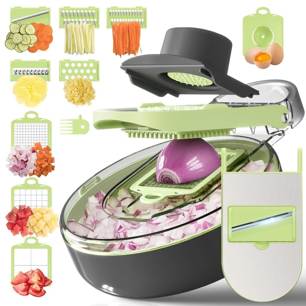 Badelite 13 in 1 Vegetable Chopper Slicer, Stainless Steel Blade, Grey & Green