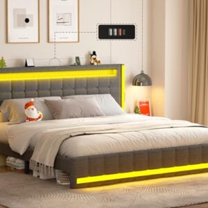 Dnxao Queen LED Bed Frame with USB Charging Station, Upholstered Platform Queen Size Bed Frame with LED Lights Headboard Footboard, Heavy Duty Metal Slats, No Box Spring Needed, Dark Grey