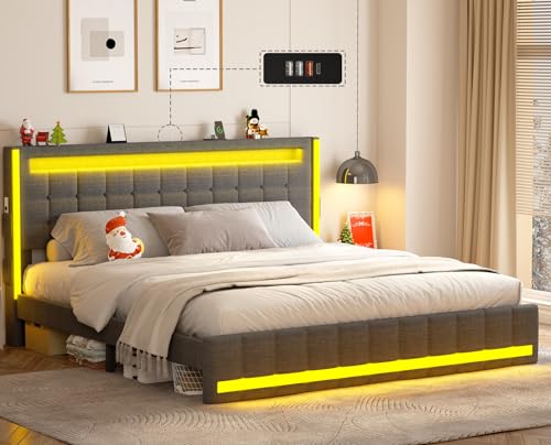 Dnxao Queen LED Bed Frame with USB Charging Station, Upholstered Platform Queen Size Bed Frame with LED Lights Headboard Footboard, Heavy Duty Metal Slats, No Box Spring Needed, Dark Grey