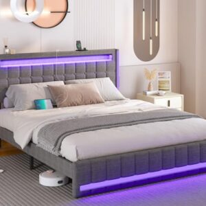 Dnxao Queen LED Bed Frame with USB Charging Station, Upholstered Platform Queen Size Bed Frame with LED Lights Headboard Footboard, Heavy Duty Metal Slats, No Box Spring Needed, Dark Grey