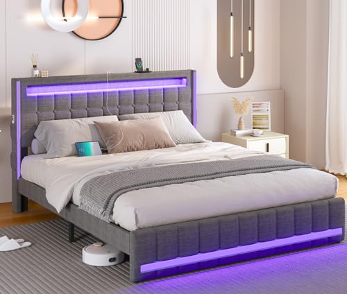 Dnxao Queen LED Bed Frame with USB Charging Station, Upholstered Platform Queen Size Bed Frame with LED Lights Headboard Footboard, Heavy Duty Metal Slats, No Box Spring Needed, Dark Grey