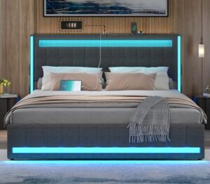 dnxao queen led bed frame with usb charging station, upholstered platform queen size bed frame with led lights headboard footboard, heavy duty metal slats, no box spring needed, dark grey