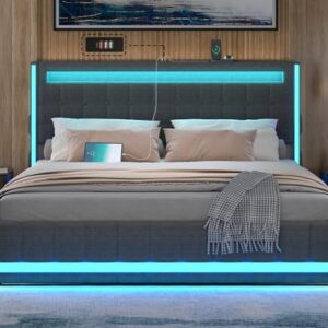 Dnxao Queen LED Bed Frame with USB Charging Station, Upholstered Platform Queen Size Bed Frame with LED Lights Headboard Footboard, Heavy Duty Metal Slats, No Box Spring Needed, Dark Grey