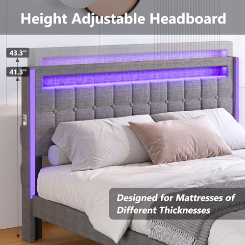 Dnxao Queen LED Bed Frame with USB Charging Station, Upholstered Platform Queen Size Bed Frame with LED Lights Headboard Footboard, Heavy Duty Metal Slats, No Box Spring Needed, Dark Grey