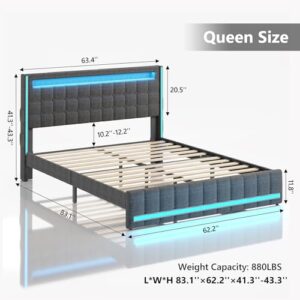 Dnxao Queen LED Bed Frame with USB Charging Station, Upholstered Platform Queen Size Bed Frame with LED Lights Headboard Footboard, Heavy Duty Metal Slats, No Box Spring Needed, Dark Grey