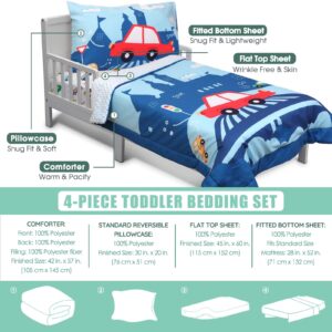 ACRABROS Toddler Bedding Set-4 Pieces Toddler Bedding Sets for Girls Boys Includes Comforter Fitted Sheet Flat Sheet and Reversible Pillowcase,Ultra Soft Toddler Bed Set, Car