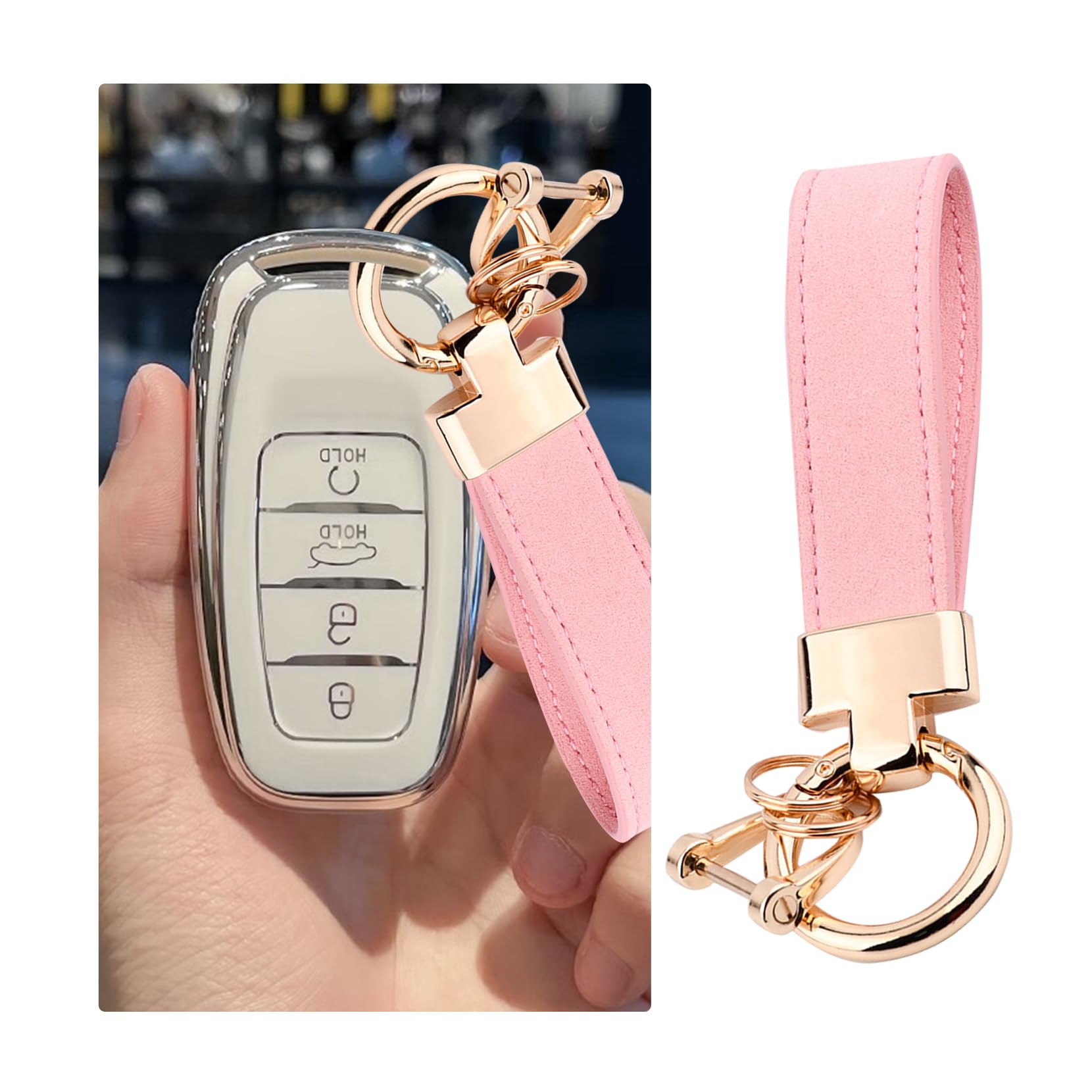 GKmow 1 PC Car Key Fob, Leather Suede Horseshoe Pendant, Unisex Car Key Fob Holder Decoration (Pink & Gold)