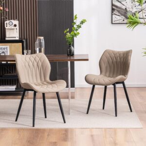 younike dining chairs set of 2, upholstered leather kitchen dining room chairs, modern living room bedroom side chairs with wide curved back and metal legs, kitchen chairs khaki taupe