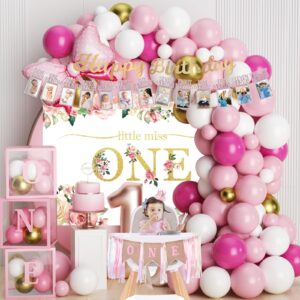 baby girl 1st birthday decorations , baby first birthday supplies for girl,including balloon boxes, pink gold balloons garland arch kit，party backdrop, high chair banner, crown, photo banner