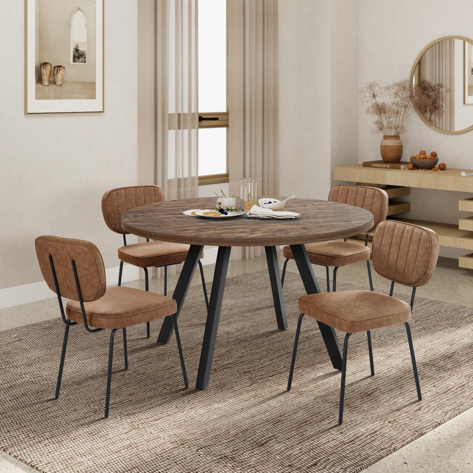 SIMTONAL Round Wood Dining Table for 4-6, 47" Mid Century Modern Kitchen Table (Only Table), Brown