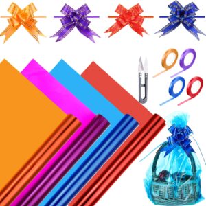 tenceur 49 pcs easter colored transparent cellophane wrap set 4 rolls 15.8" x 98.4ft cellophane wrap roll 40 colorful pull bows 4 roll 33ft ribbon cutter for easter gift baskets diy(fresh color)