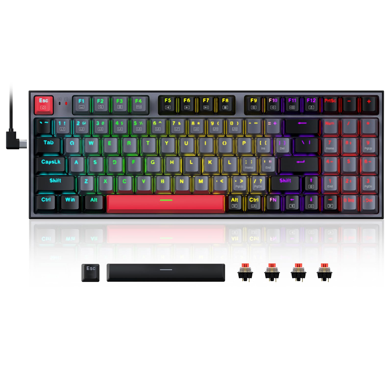 Redragon Mechanical Gaming Keyboard, Wired Mechanical Keyboard with 94 Keys, Programmable Macro Editing, Numeric Pad, Red Switches, Compact Keyboard Mechanical for Pc Mac Ipad, Gray Black