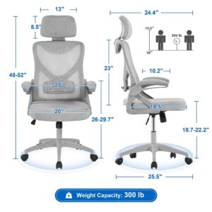 Yaheetech Ergonomic Mesh Office Chair, High Back Desk Chair with with flip-up Armrests, Adjustable Padded Headrest Computer Chair with Lumbar Support for Home Oiffce Game Room, Full Gray